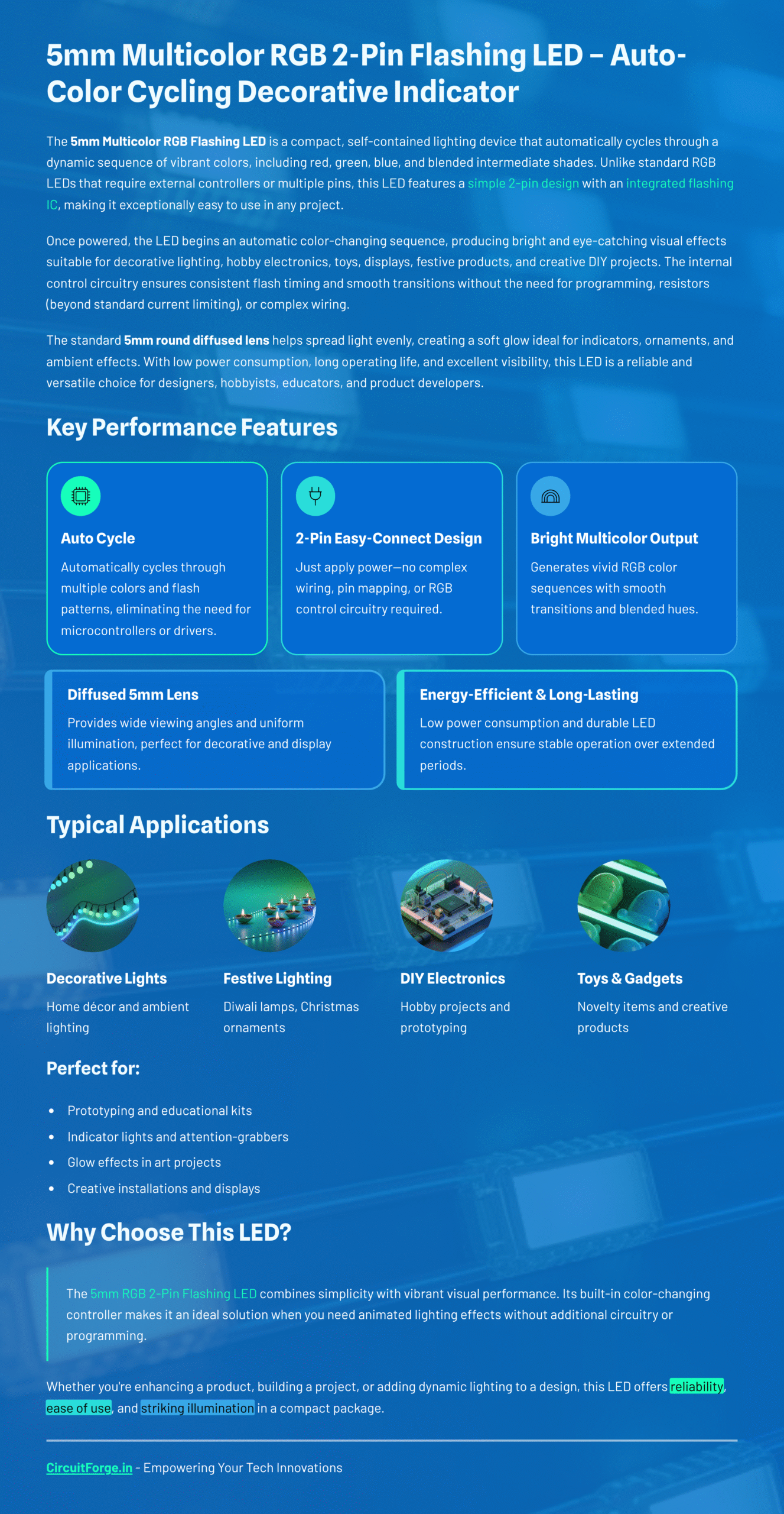 5mm LED Multicolor RGB-2PIN Flashing - CircuitForge.in